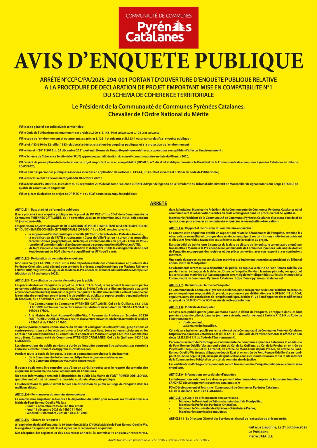 Enquête publique - DP MEC n°1 du SCoT - ARRÊTÉ N°CCPC/PA/2025-294-001 ...
